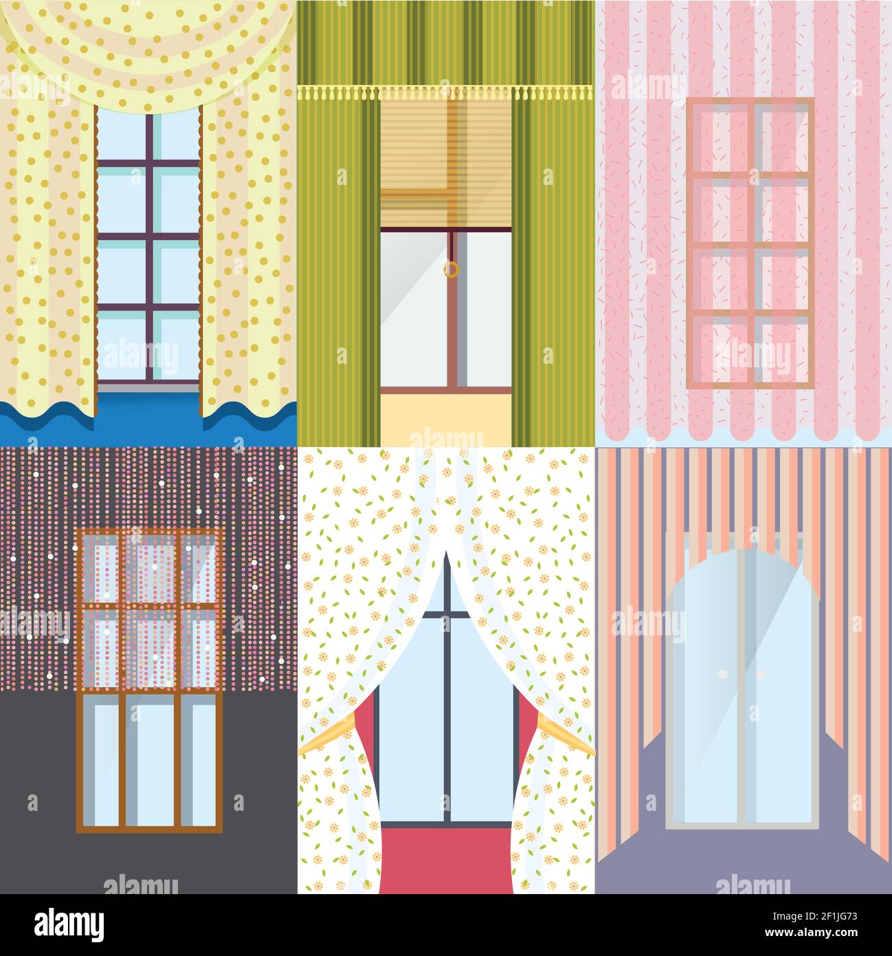 Colorful classic windows collection with different types of curtains in ...