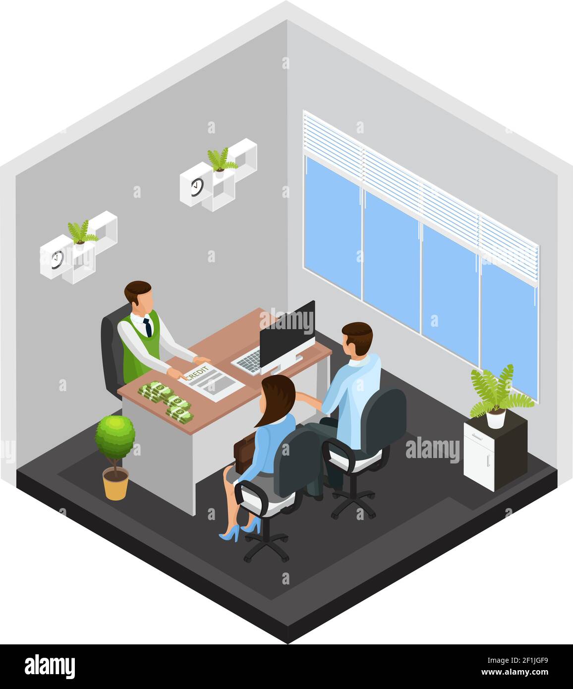 Isometric credit issue template with customers talking with manager ...