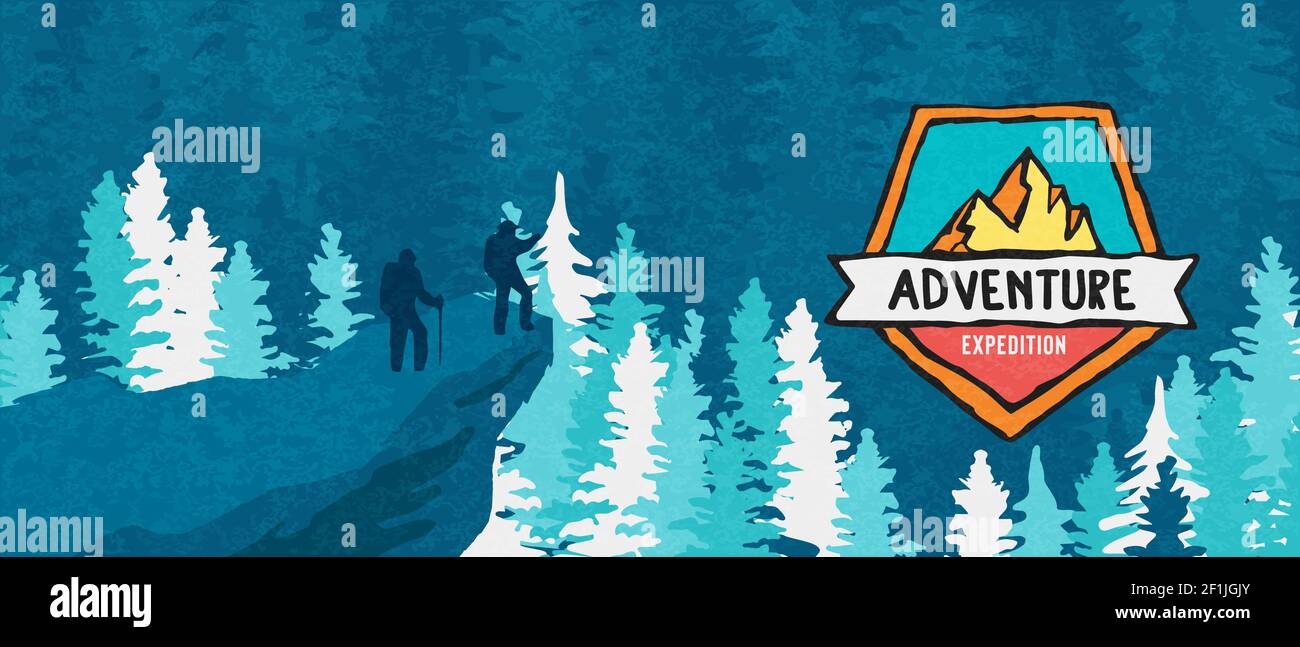 Adventure expedition banner illustration of people climbing mountain ...