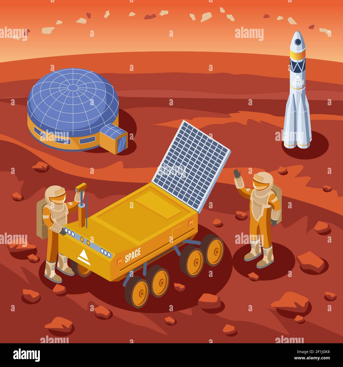Isometric Mars exploration template with astronauts moon rover colony ...