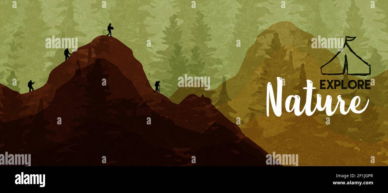 Explore nature banner illustration of people climbing mountain in green ...