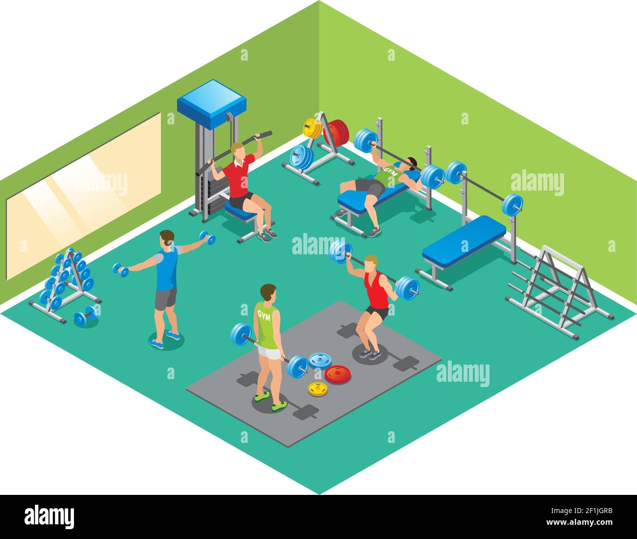 Isometric fitness concept with strong people lifting dumbbells and barbells in gym isolated ...
