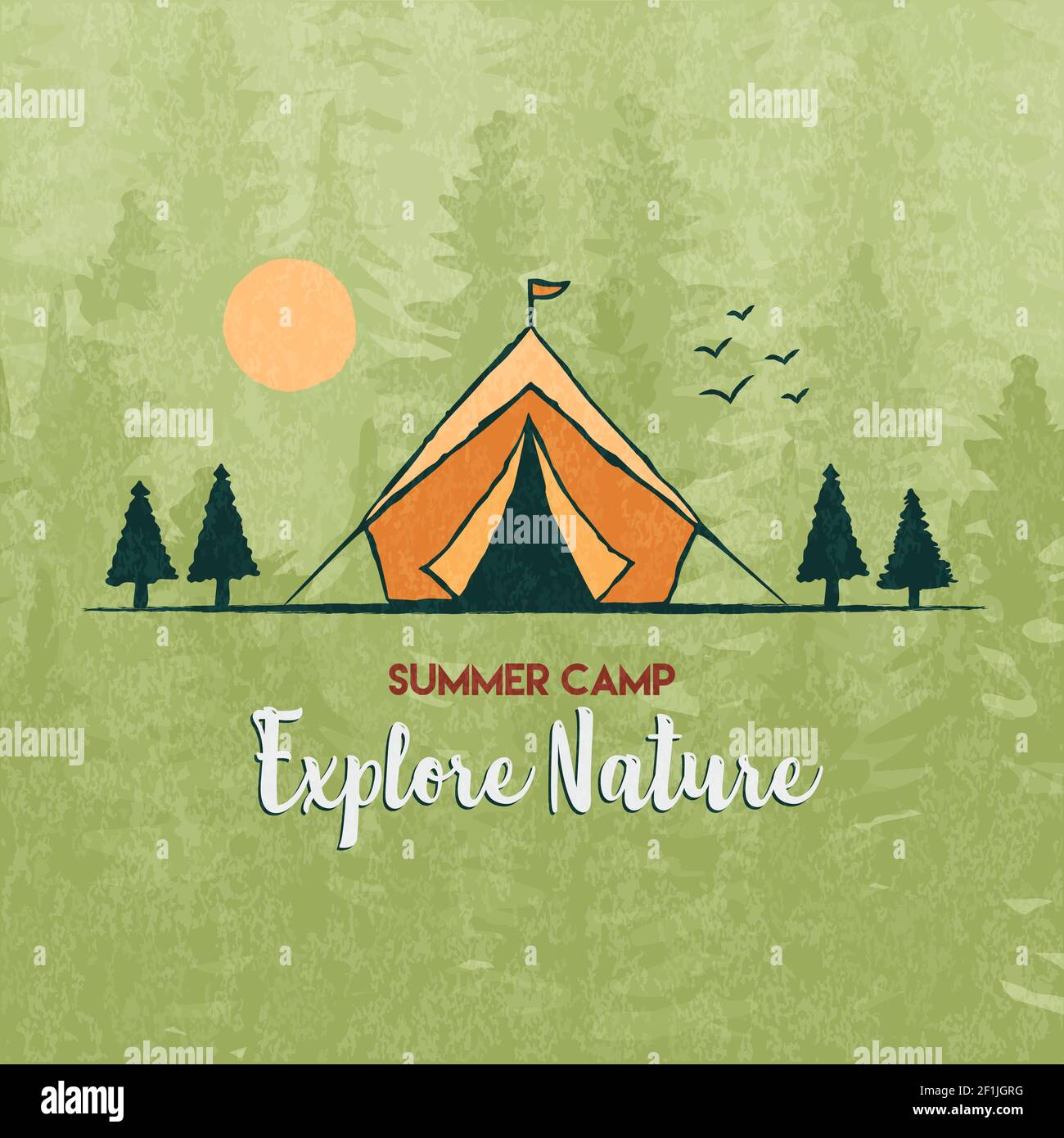 Explore nature illustration, hand drawn camping tent in pine tree forest landscape. Eco tourism ...