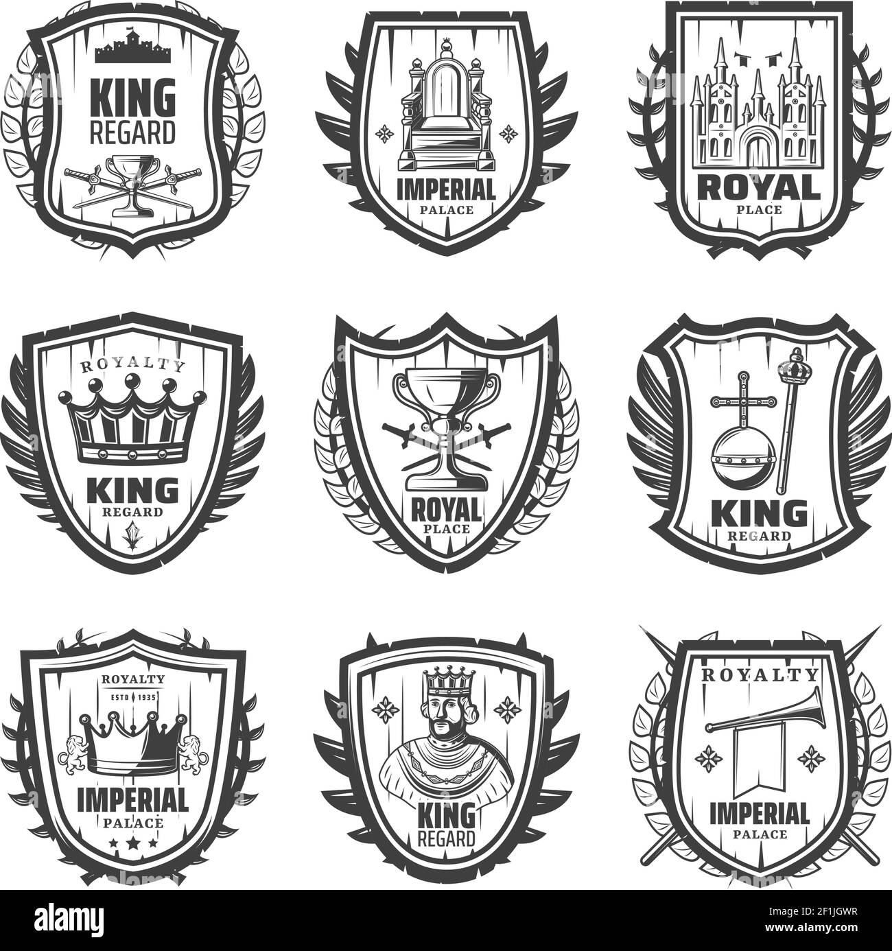 Vintage royal coat of arms set with king sword palace crown monarchy ...