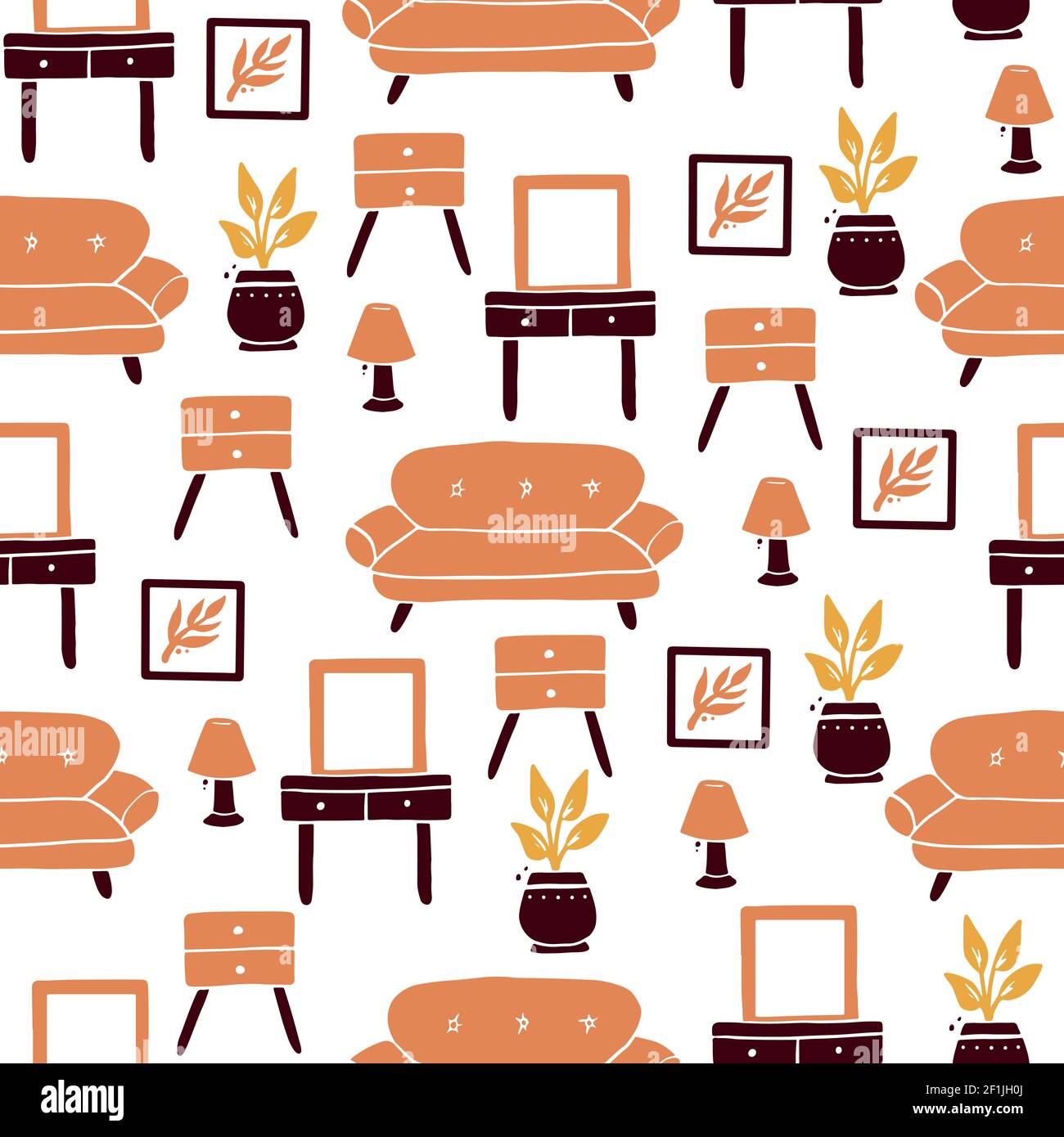 Seamless pattern of living room furniture elements, sofa, chair, shelf ...