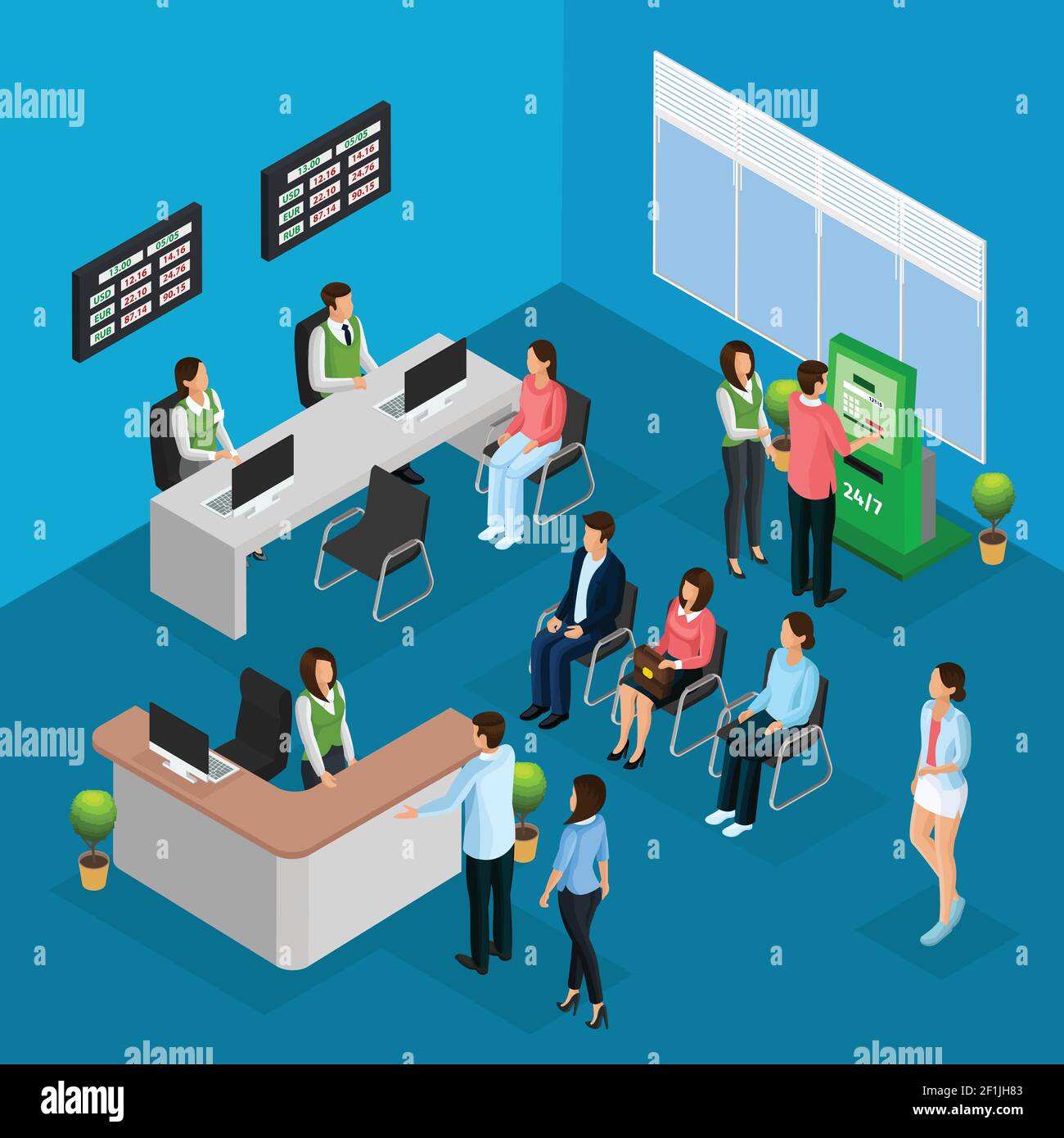 Isometric people in bank office concept with workers clients and ...