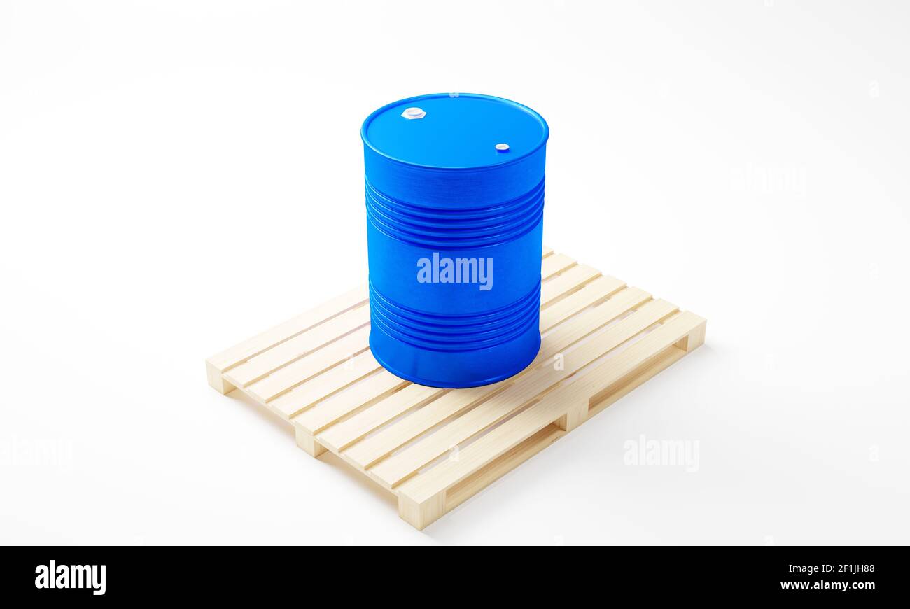 3d render of a blue metal barrel on a pallet.Illustration of a digital ...
