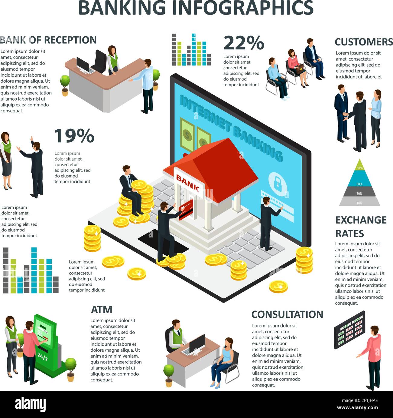 Isometric banking infographic concept with workers customers different ...