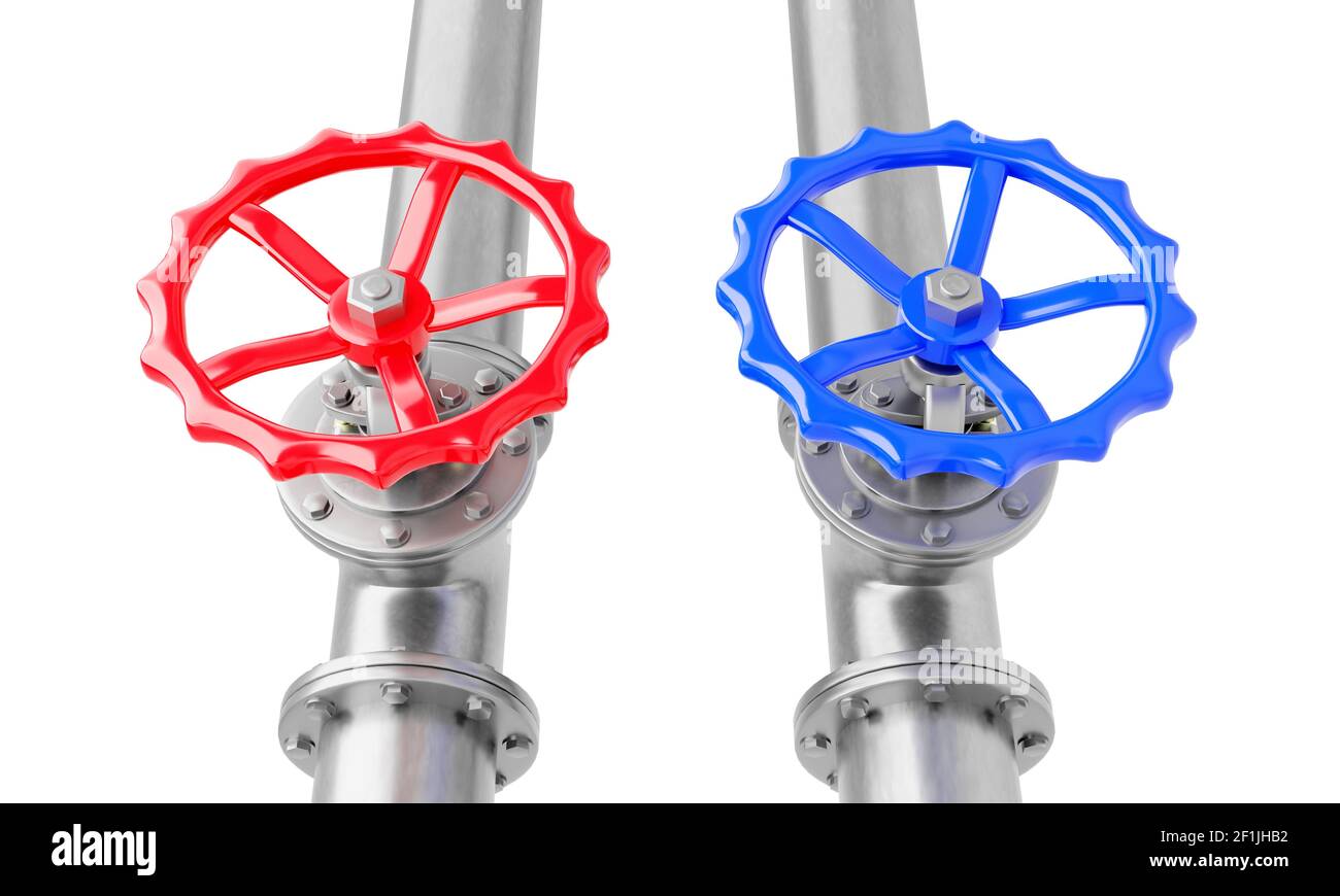 3d render blue and red valves on steel pipes from top view isolated on ...