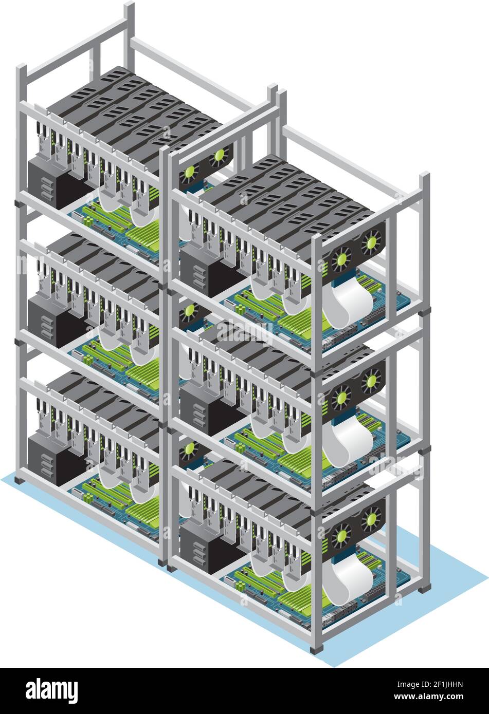Isometric crypto currency mining farm concept with many motherboards ...