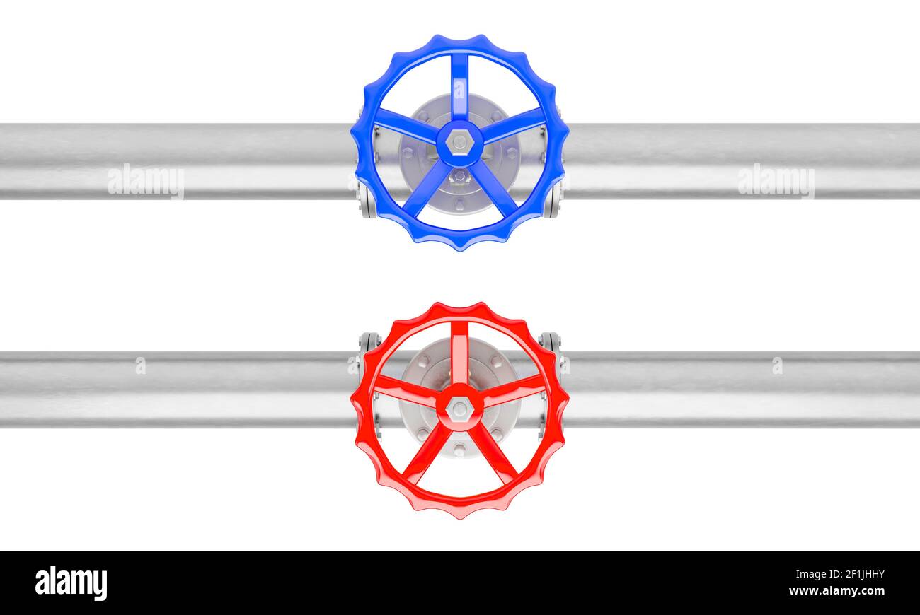 3d render blue and red valves on steel pipes from top view isolated on ...