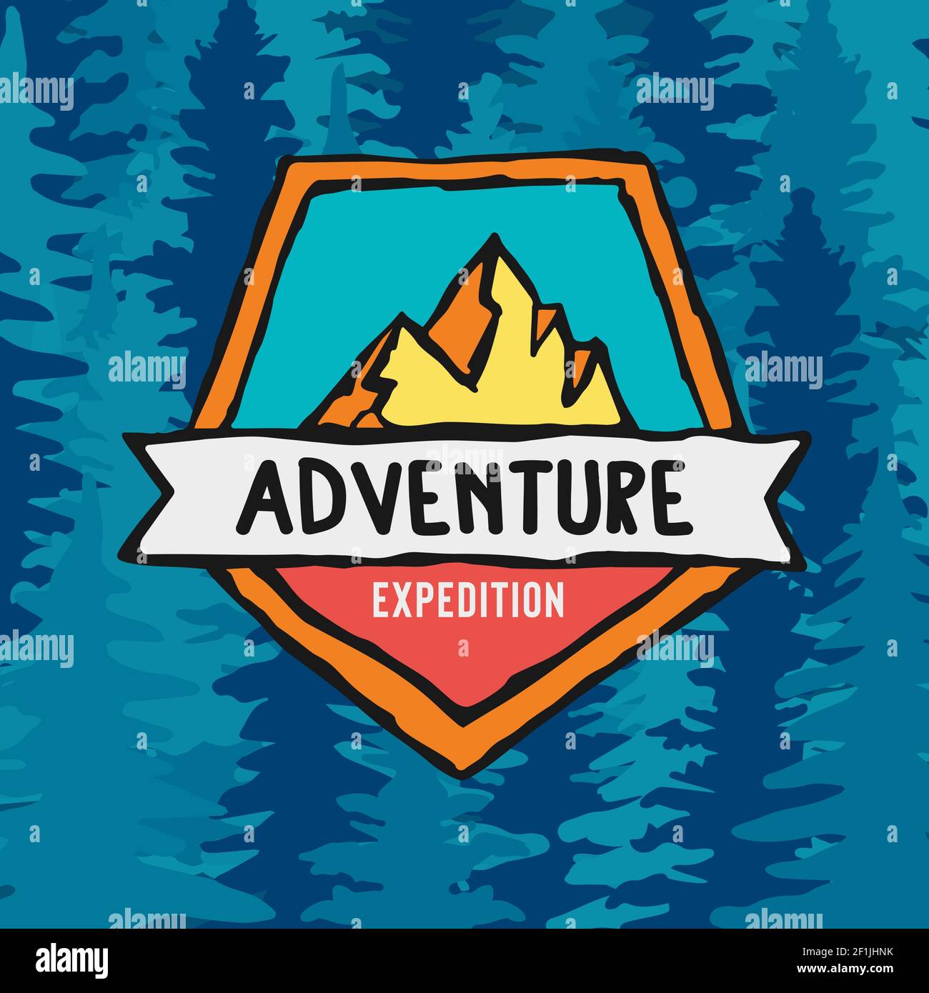 Adventure expedition label illustration with mountain peak symbol and ...