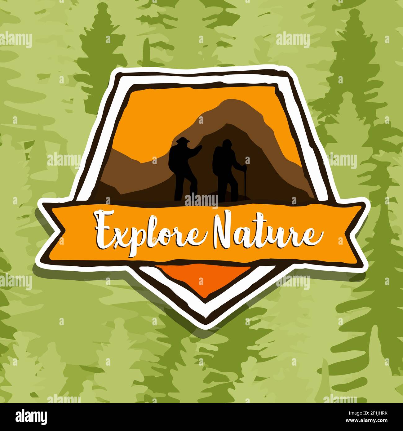 Explore Nature label illustration of people hiking wild mountain ...