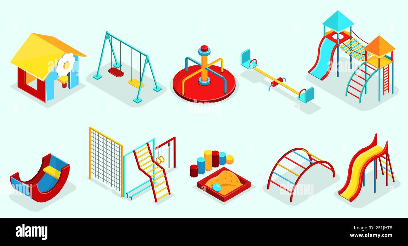 Isometric playground elements set with sandbox recreational swings ...