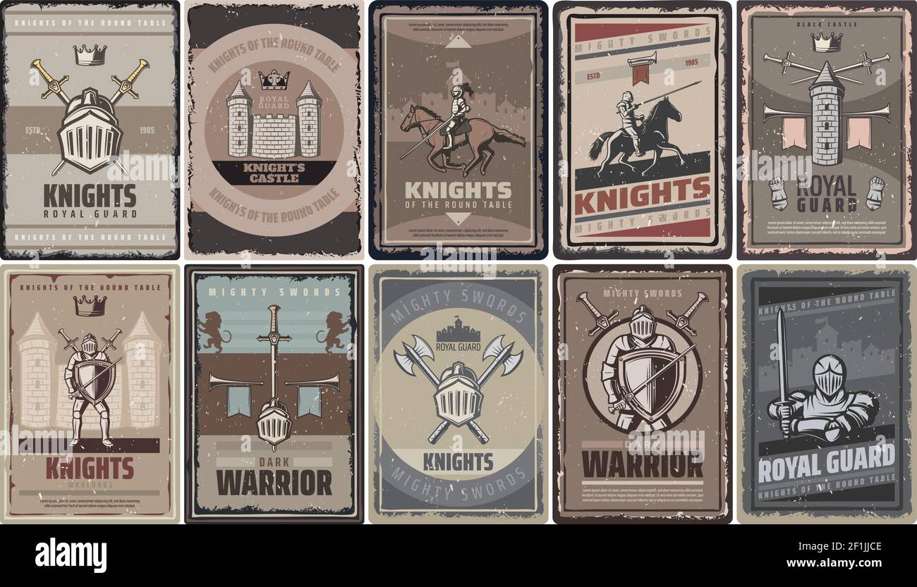 Vintage colored medieval knights posters with warriors swords helmet ...