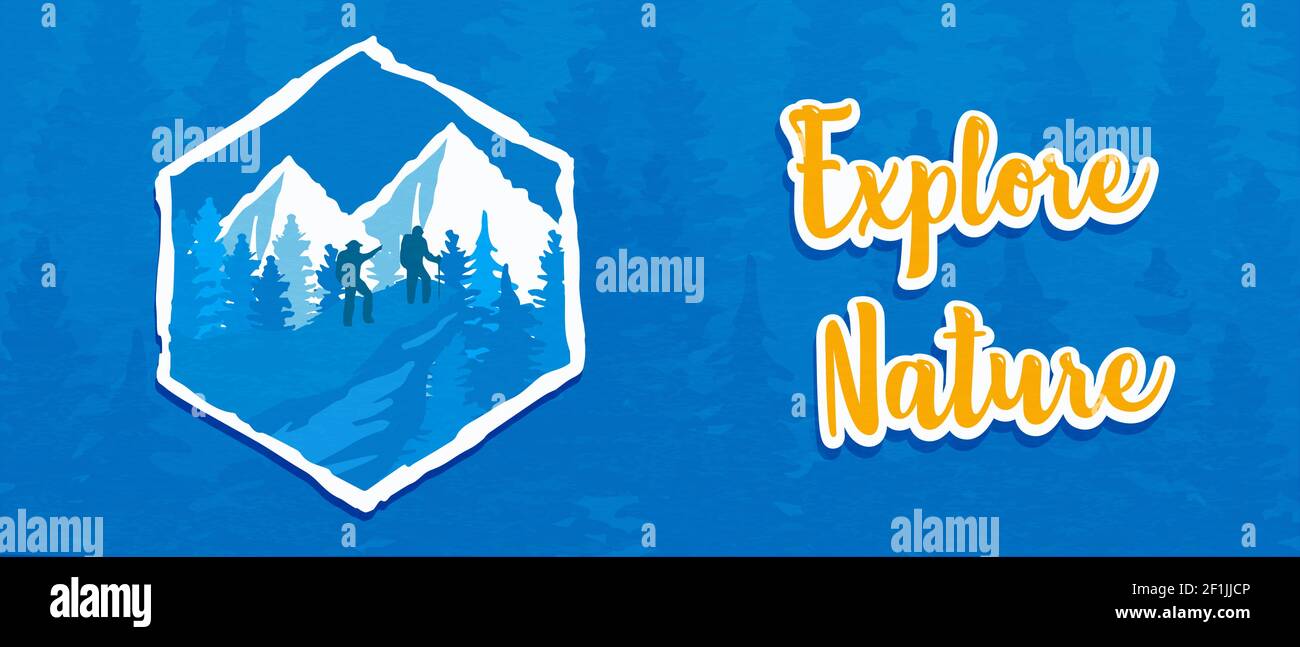Explore Nature web banner, forest landscape illustration with people ...