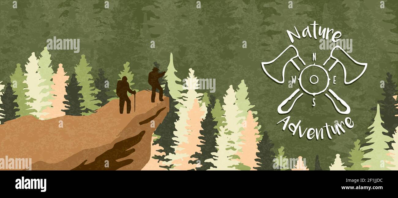 Nature adventure banner illustration of people climbing mountain in ...