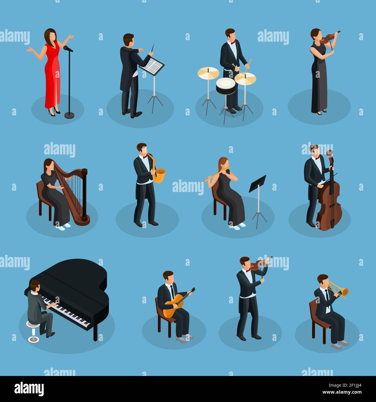 Isometric people in orchestra collection with conductor singer and ...