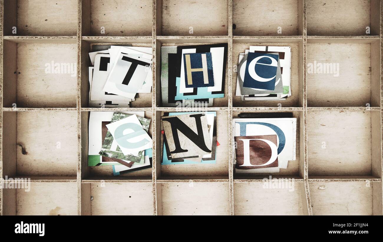 The End with magazine letters in a wooden box Stock Photo - Alamy
