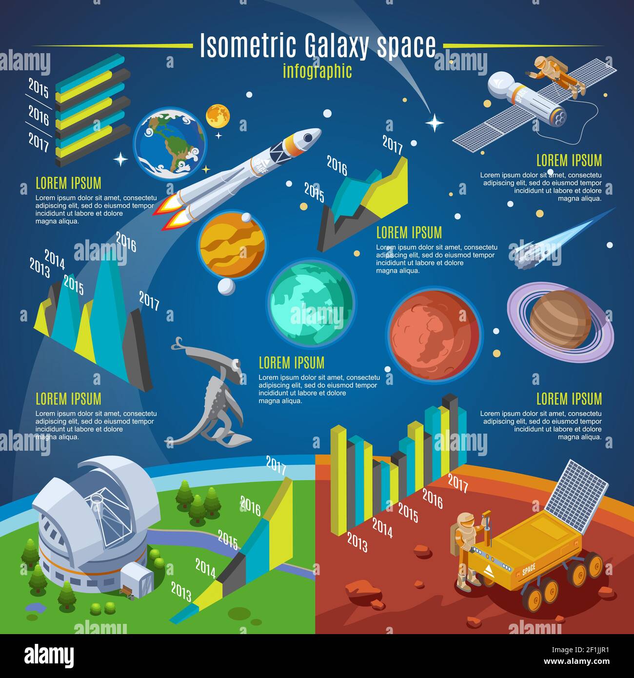 Isometric galaxy space infographic concept with planets cosmonauts ...