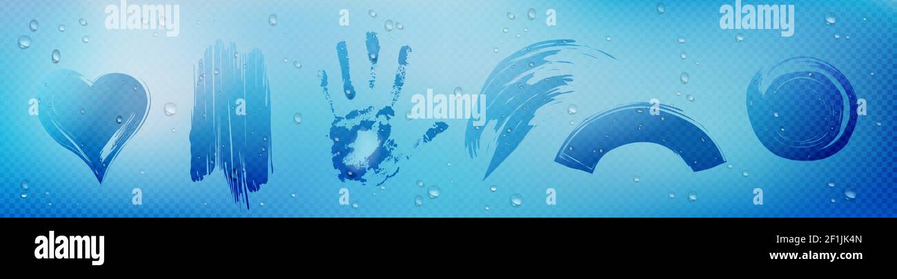 Wipe stains on glass with condensation water drops, palm, heart and ...