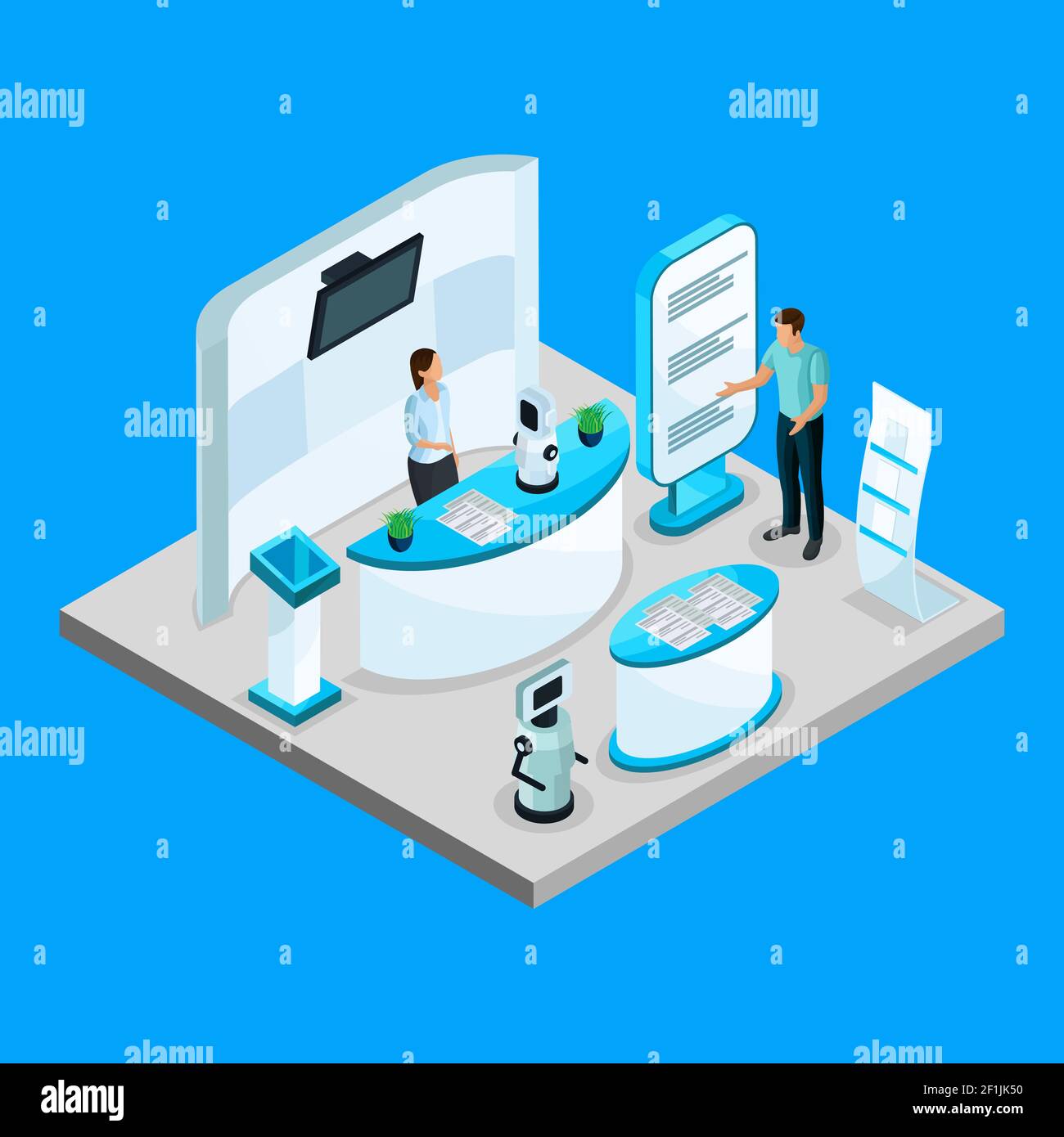 Isometric robotics exhibition template with company advertising robots ...
