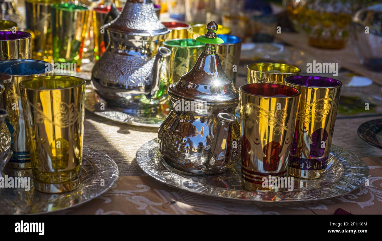Moroccan tea set at a medieval fair in Spain Stock Photo - Alamy
