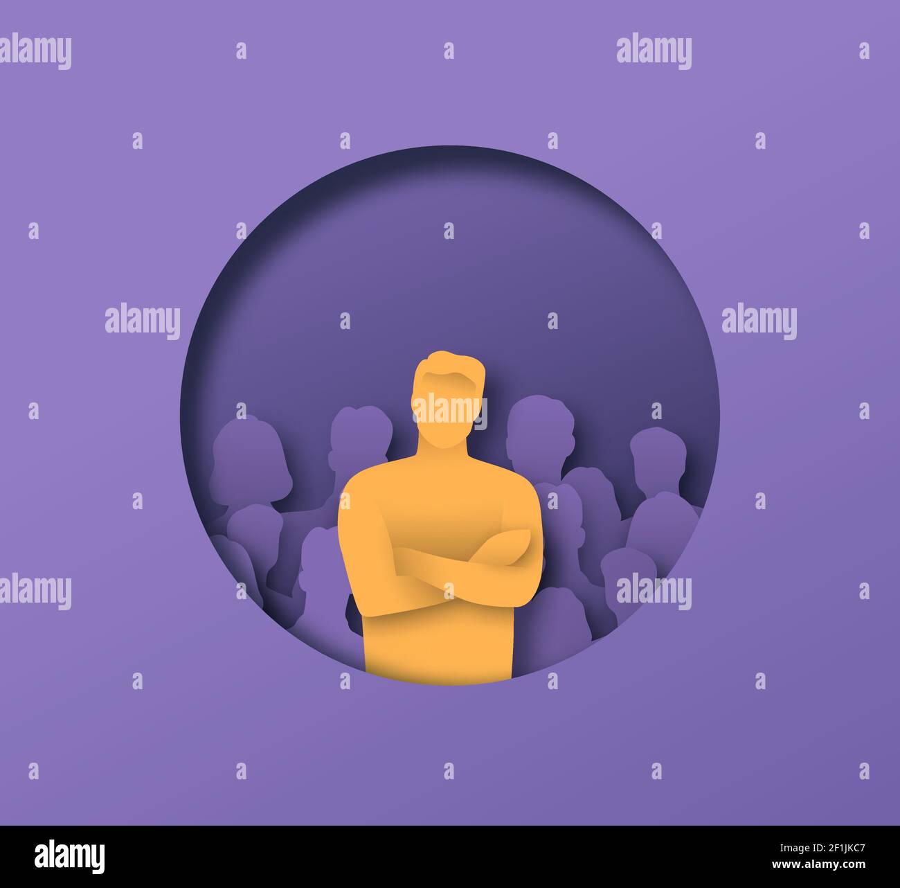 Man with arms crossed in front of people crowd, 3D papercut ...