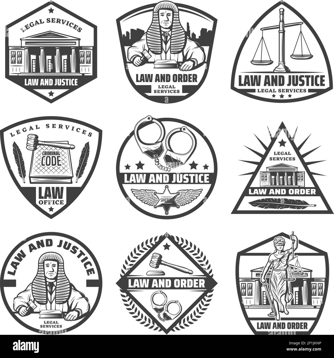 Vintage monochrome judicial system labels set with courthouse handcuffs ...