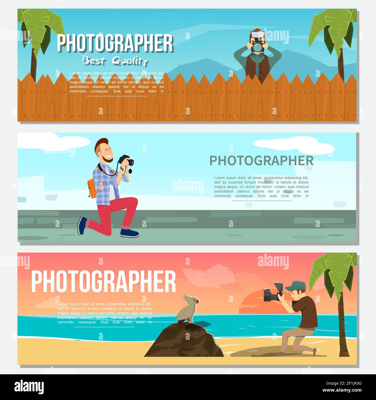 Flat photography horizontal banners with paparazzi animal photographer ...
