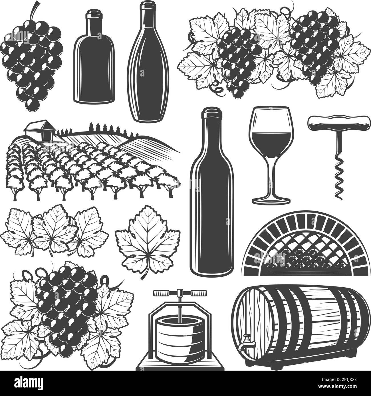 Vintage wine elements set with wineglass wooden barrel bottles vineyard ...
