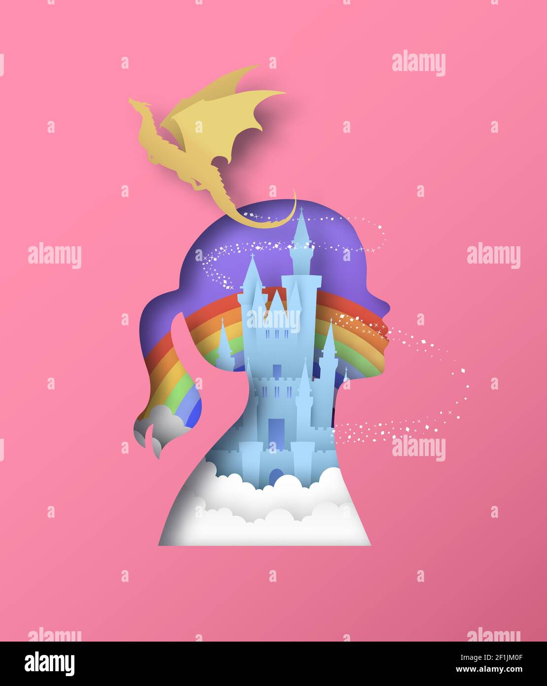 Little girl with princess castle, rainbow and magic dragon in modern ...