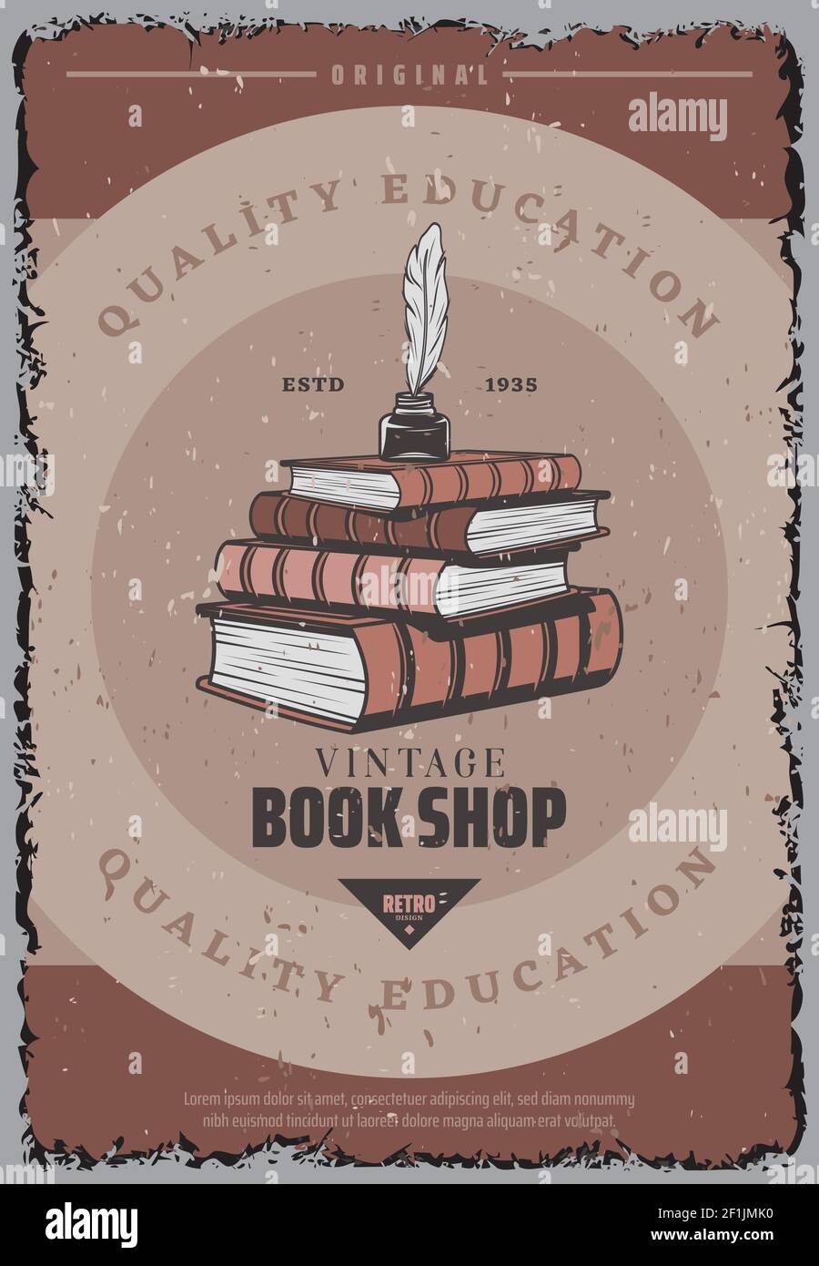 Vintage colored book store poster with feather and inkwell on pile of ...
