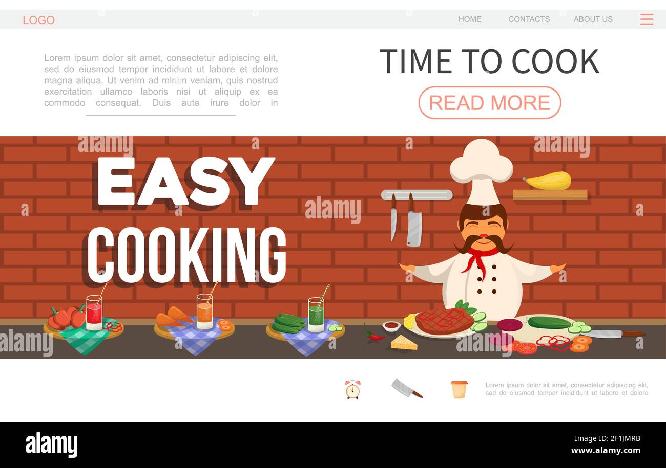 Flat cooking web page template with chef preparing meal tomato cucumber ...