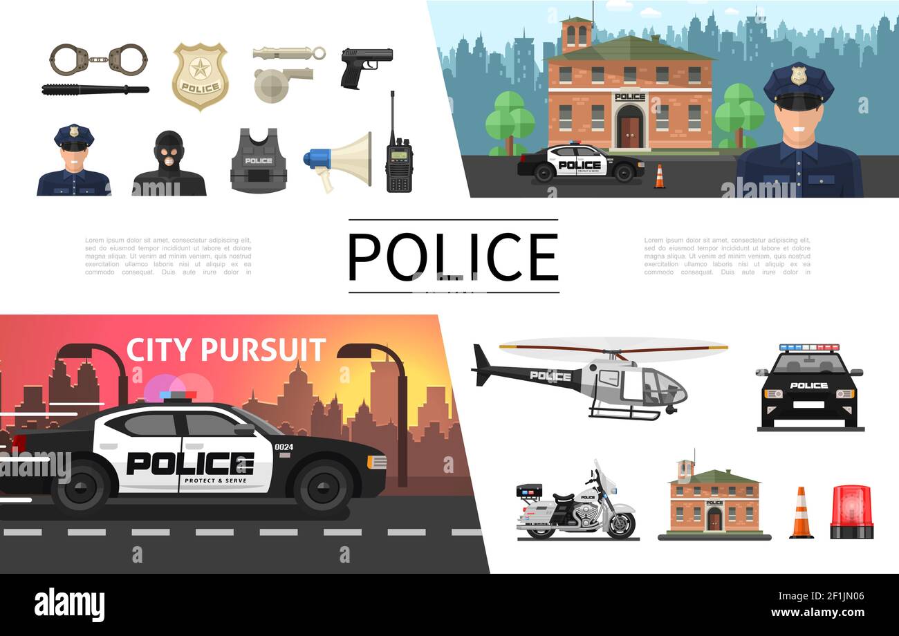 Flat police elements concept with policeman criminal sheriff badge gun ...