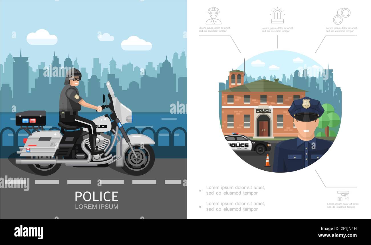 Flat police colorful concept with policeman riding motorcycle on road ...