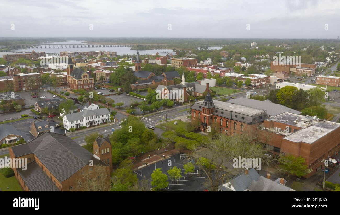 Aerial Perspective over the Downtown Urban City Center of New Bern NC ...
