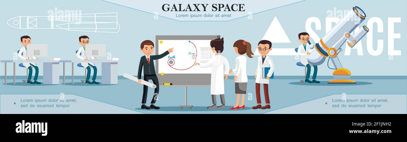 Colorful space exploration template with scientists working in ...