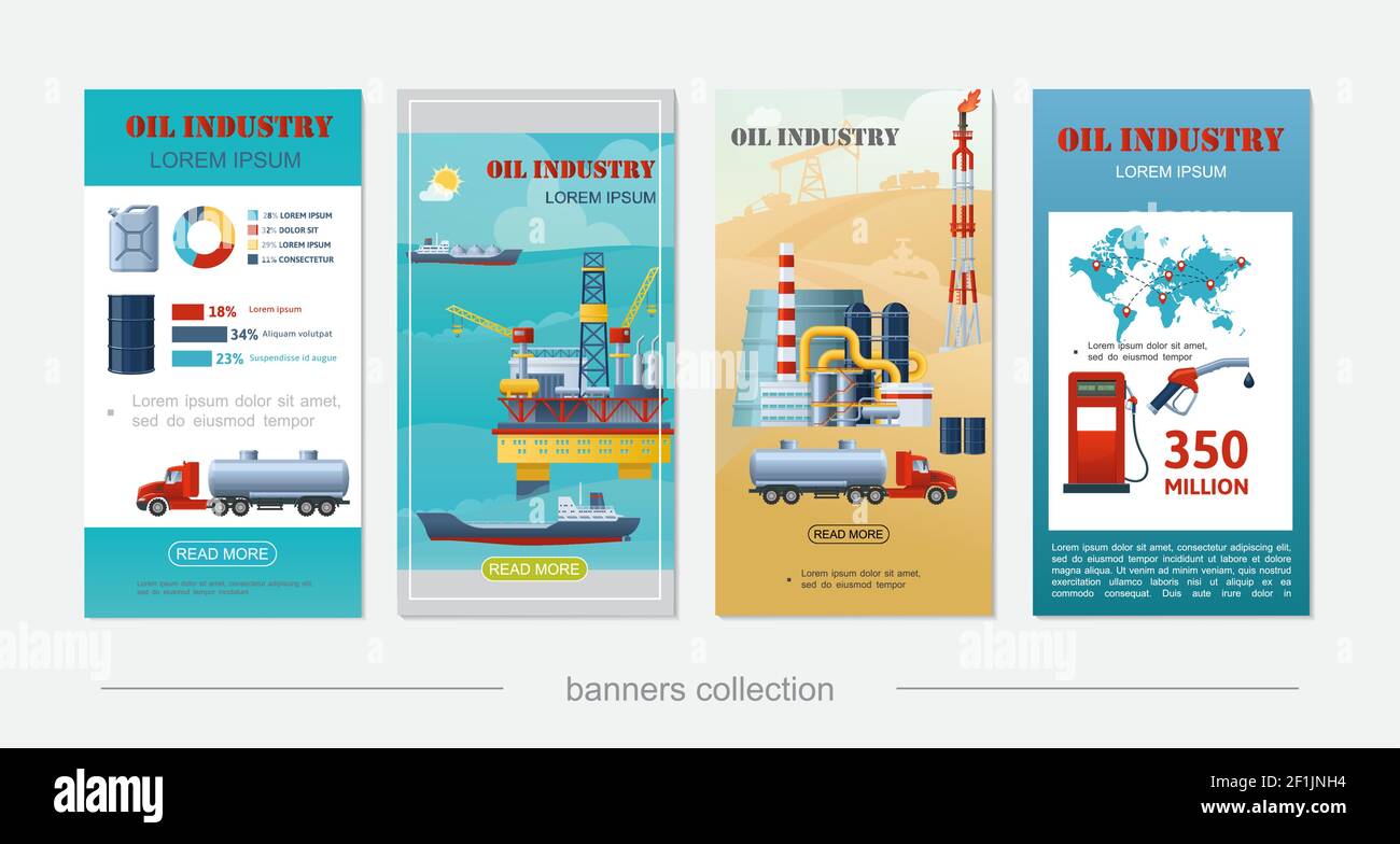 Flat oil industry vertical banners with sea drilling rig tanker ship ...