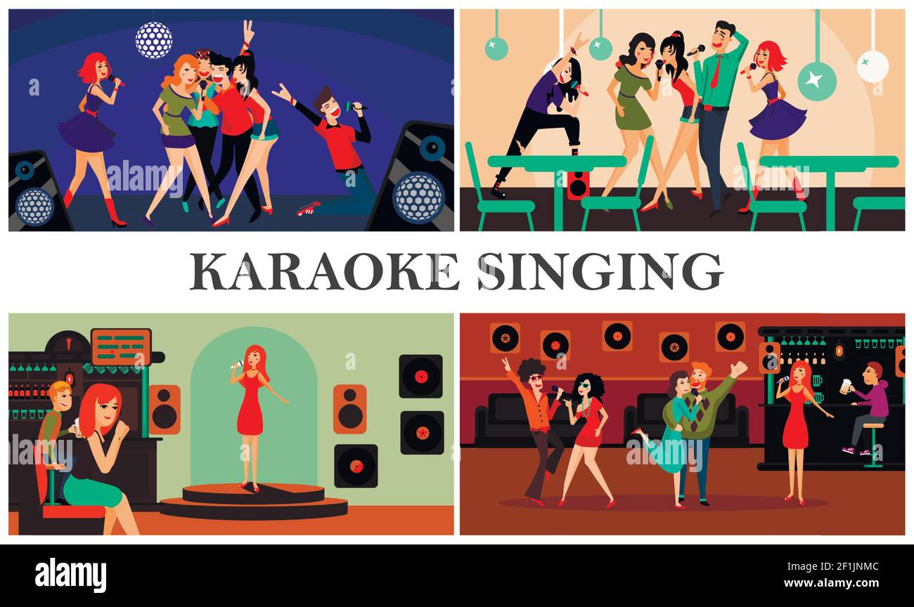 Flat karaoke party colorful composition with happy men and women ...