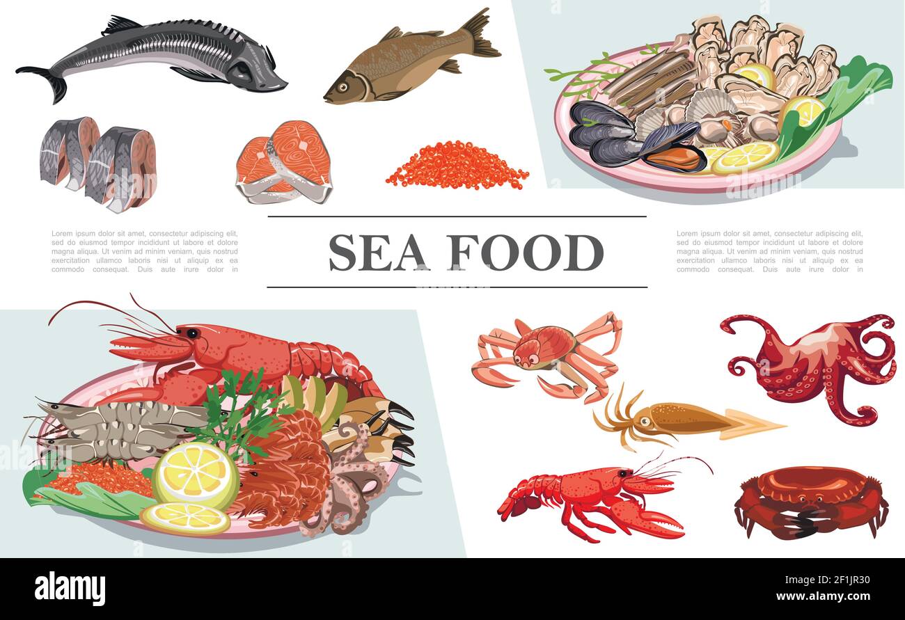 Flat seafood colorful composition with lobster crayfish squid octopus ...