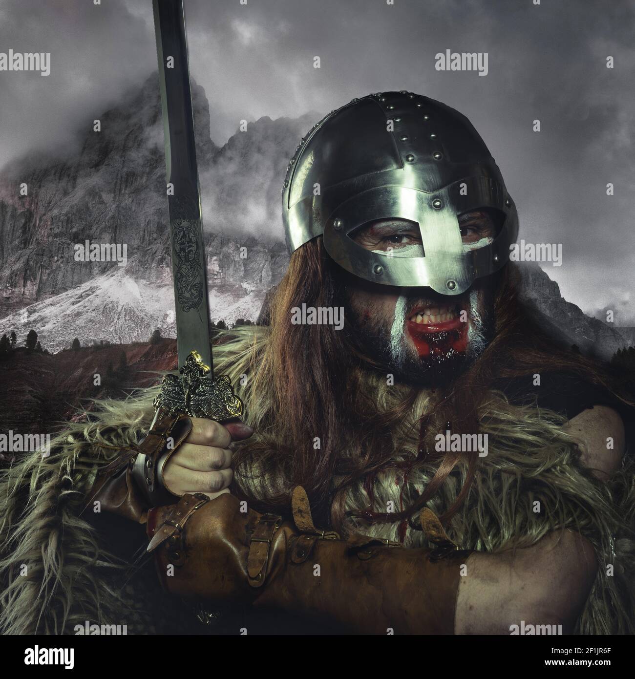 Norwegian fjords, Viking scandinavian warrior with sword and wild skins ...