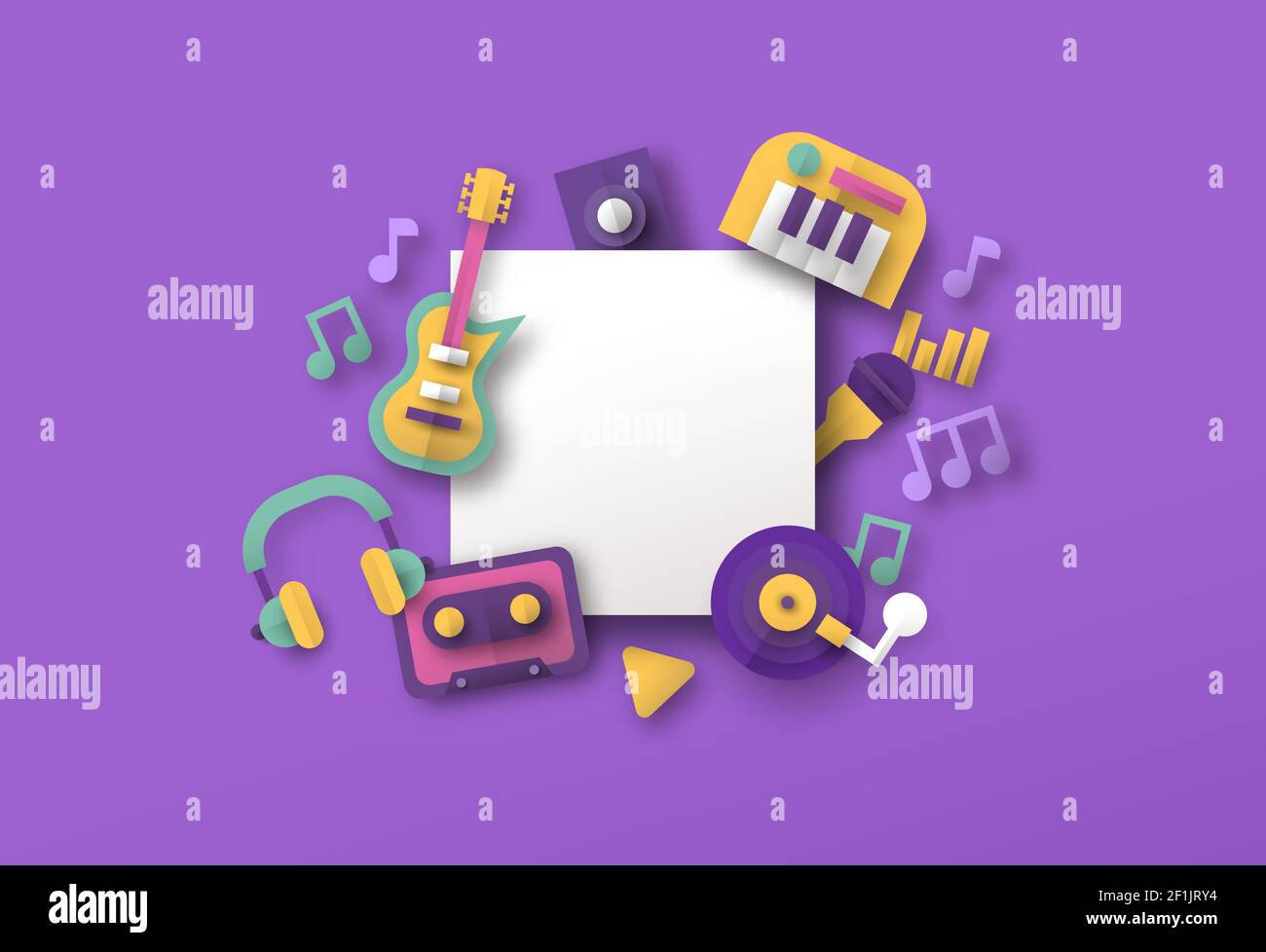 Papercut music icons with empty white background frame template. Retro ...