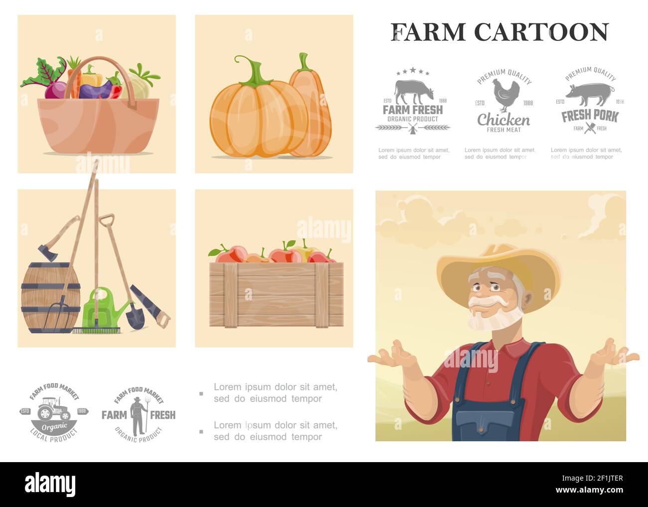 Cartoon farming and agriculture composition with farmer manual labor ...
