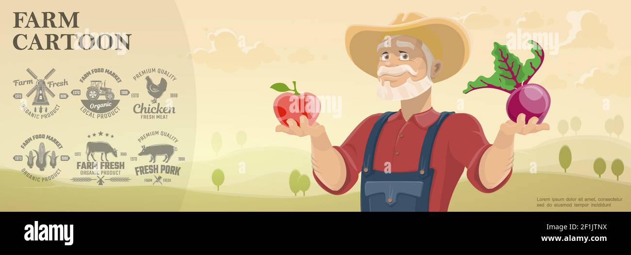 Cartoon farm and agriculture background with monochrome farming emblems ...