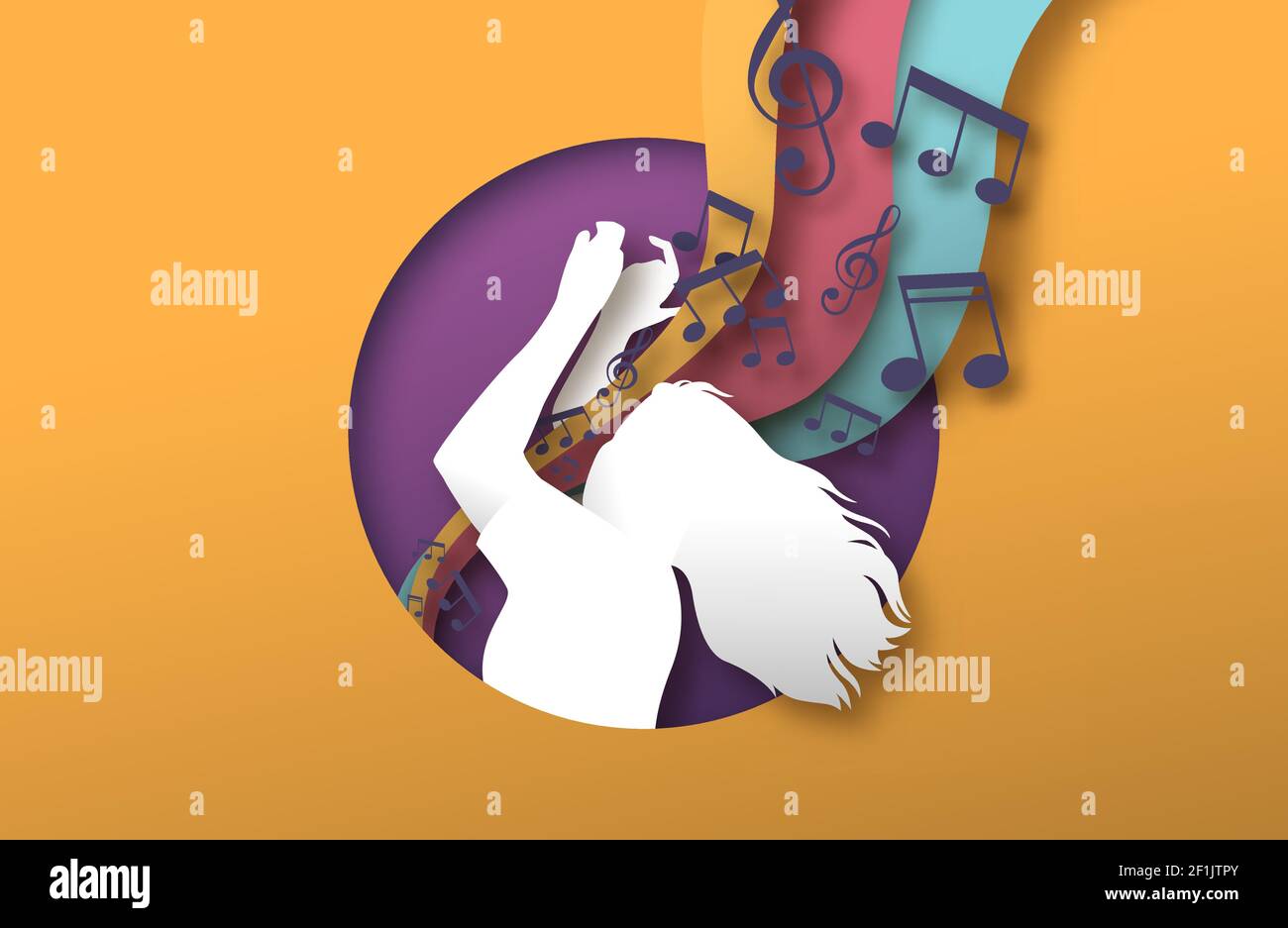 Happy woman dancing inside papercut circle with music notes. Realistic ...