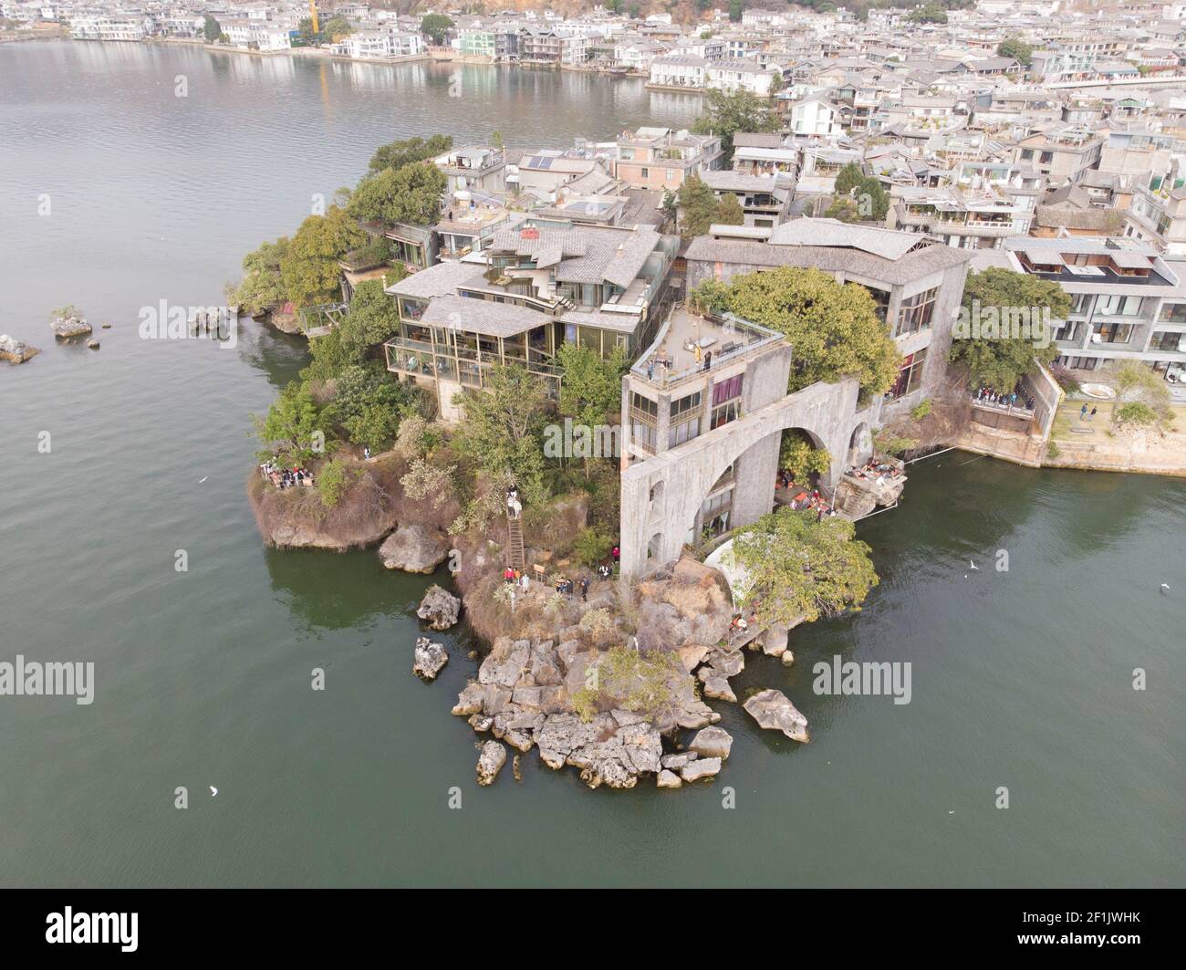 Photo taken from aerial view shows the Sun Palace and Moon Palace on ...
