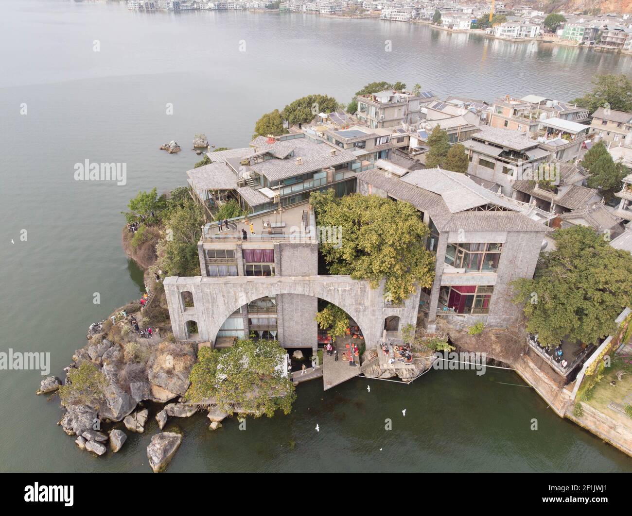 Photo taken from aerial view shows the Sun Palace and Moon Palace on ...