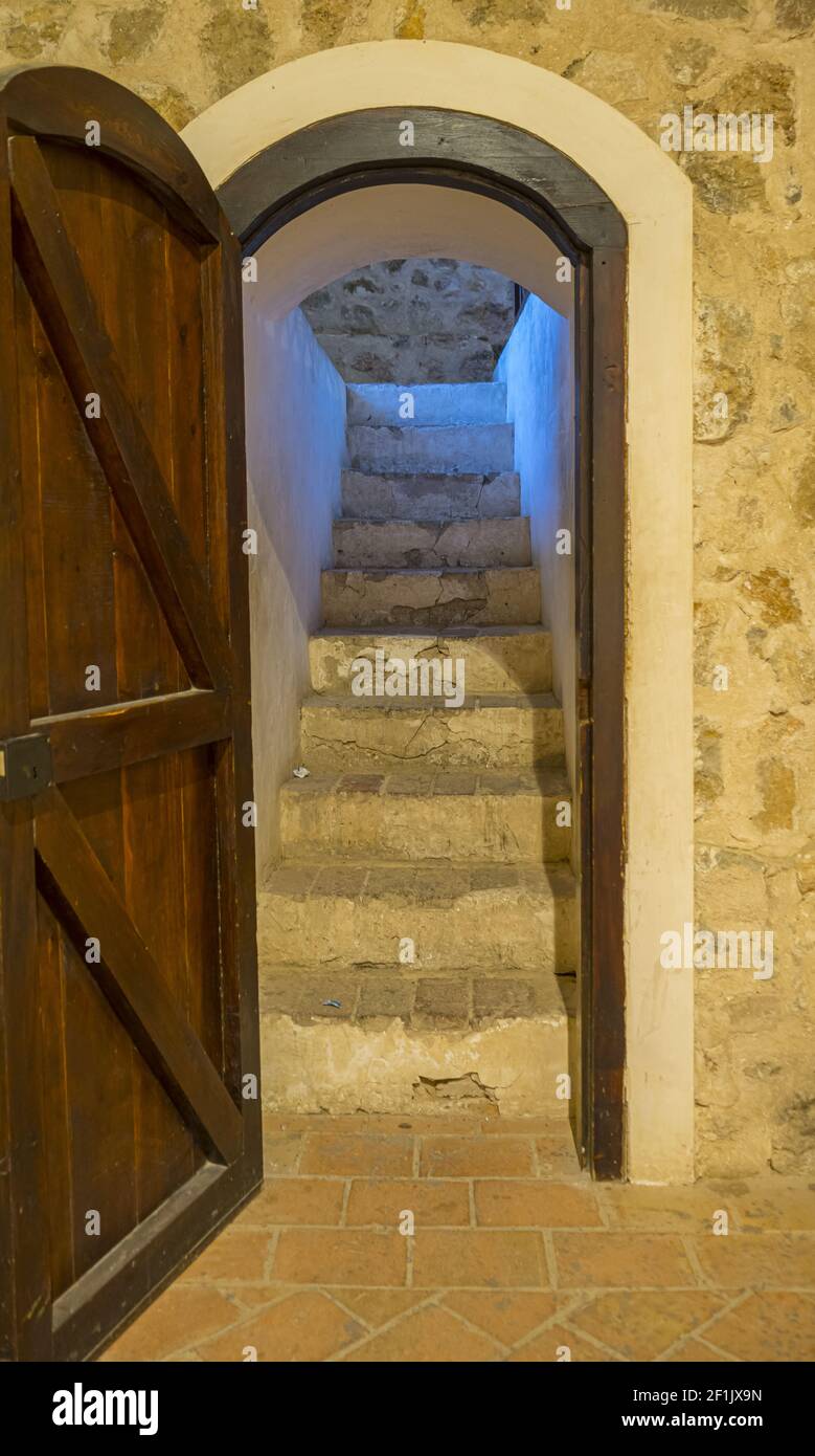 Stairs, Interior of a medieval castle in Toledo, Spain. Stone rooms ...