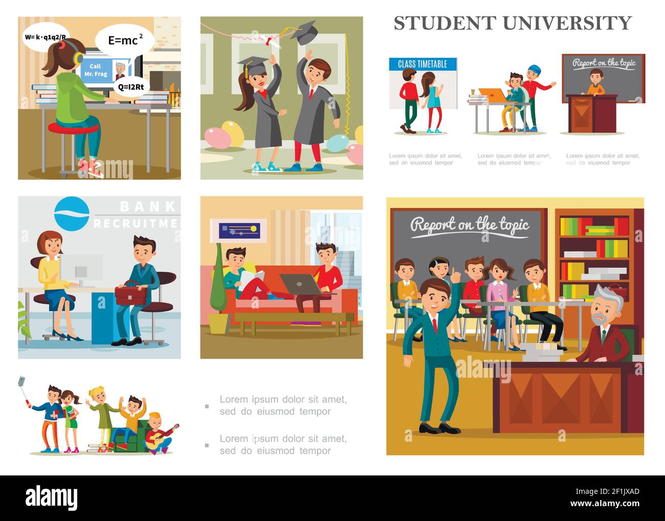 Flat education colorful composition with students learning studying ...